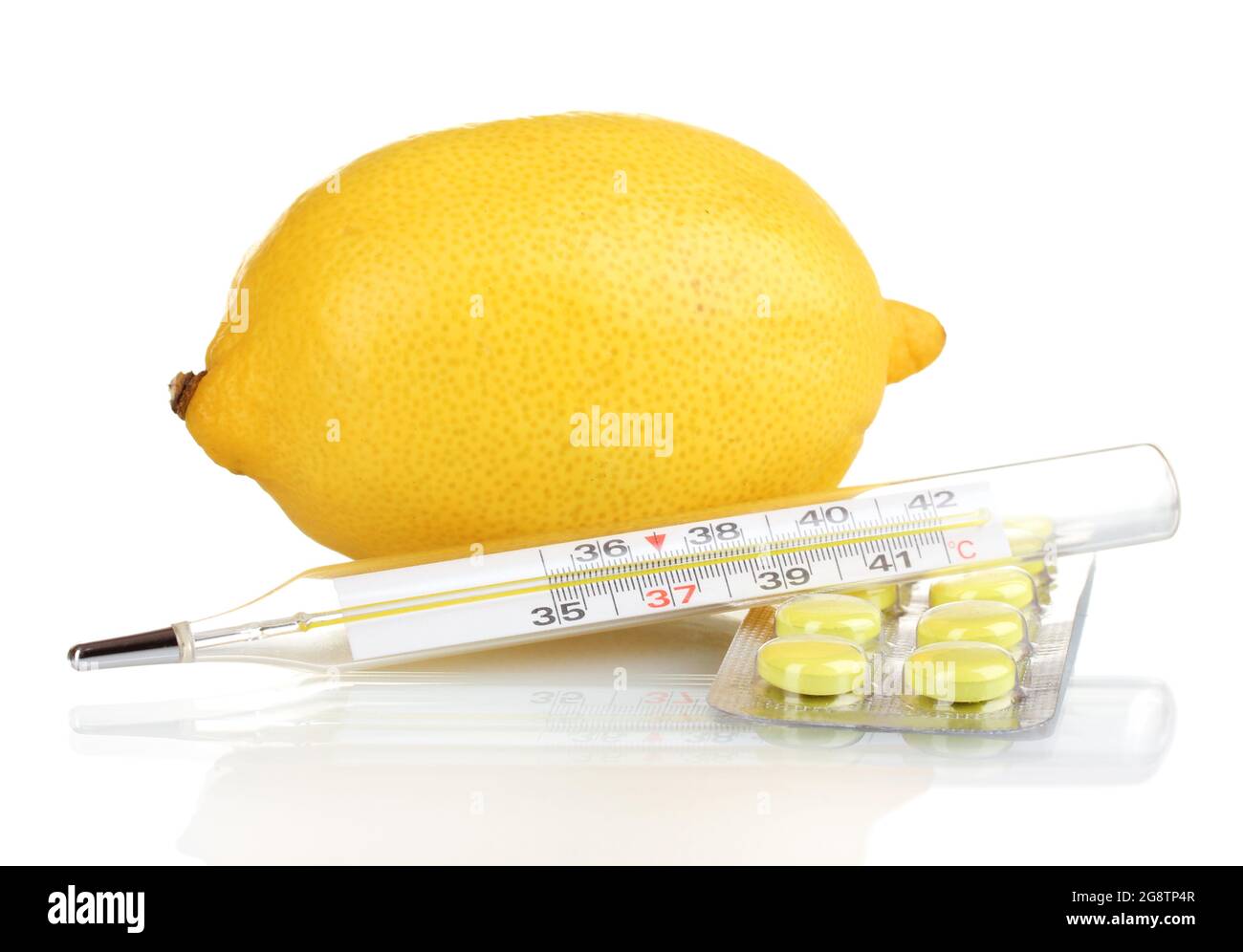 lemon, pills and thermometer isolated on white Stock Photo - Alamy
