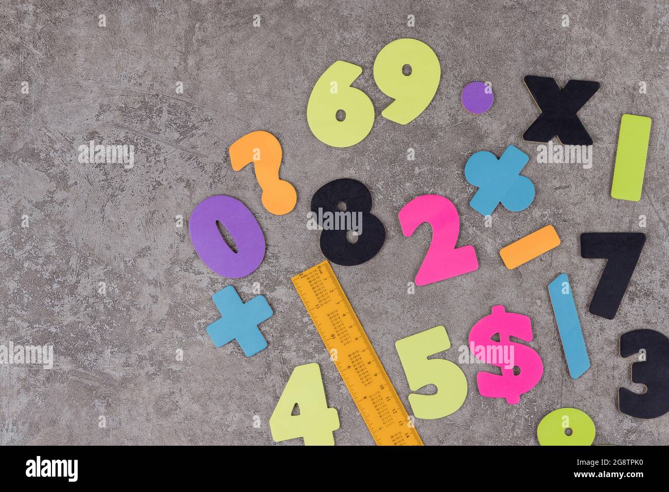 School stationary and numbers on grey background. Top view Stock Photo ...