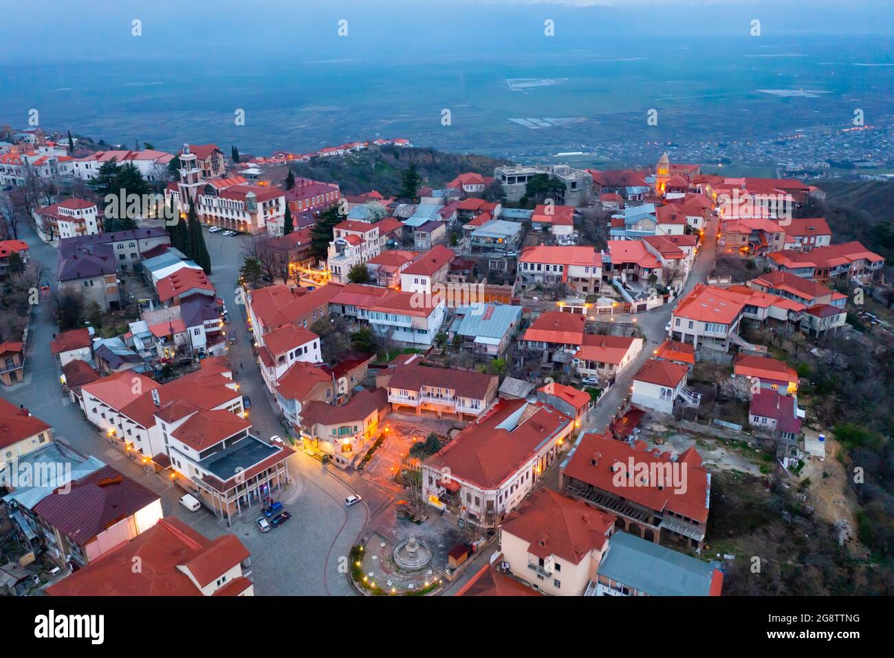Aerial view of Sighnaghi overlooking Alazani Valley at twilight Stock ...