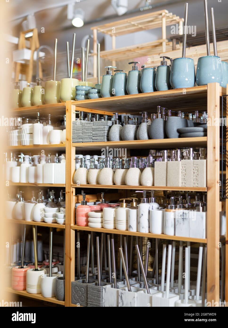 Bathroom accessories on shelving in household goods store Stock Photo ...
