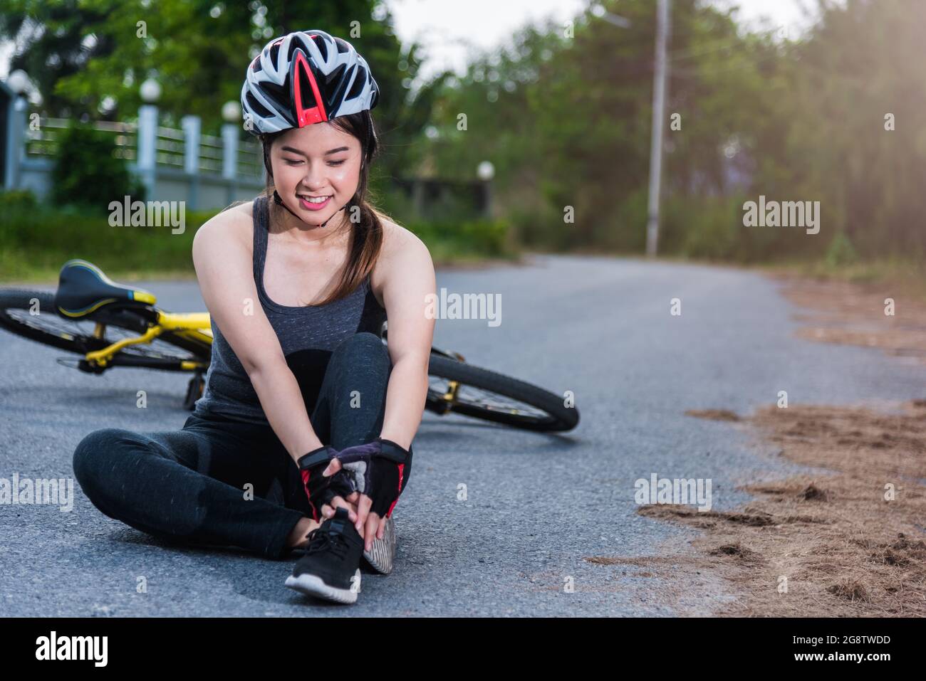 Beautiful young female woman pain injured accident sitting after ...