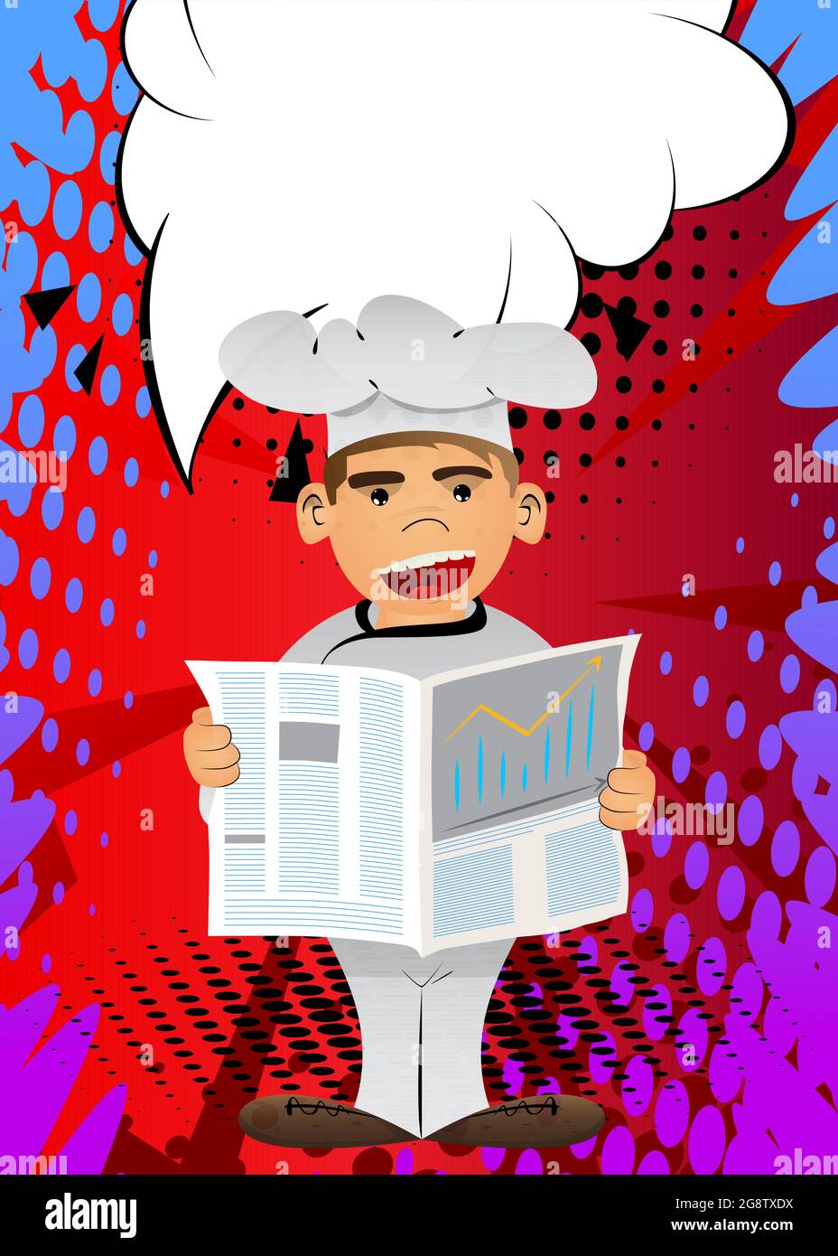 Fat male cartoon chef in uniform reading newspaper. Vector illustration ...