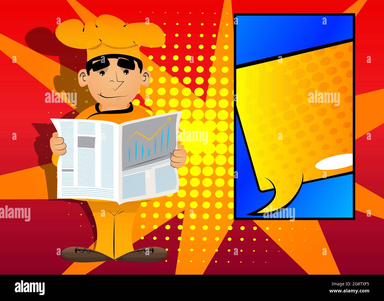 Fat male cartoon chef in uniform reading newspaper. Vector illustration ...