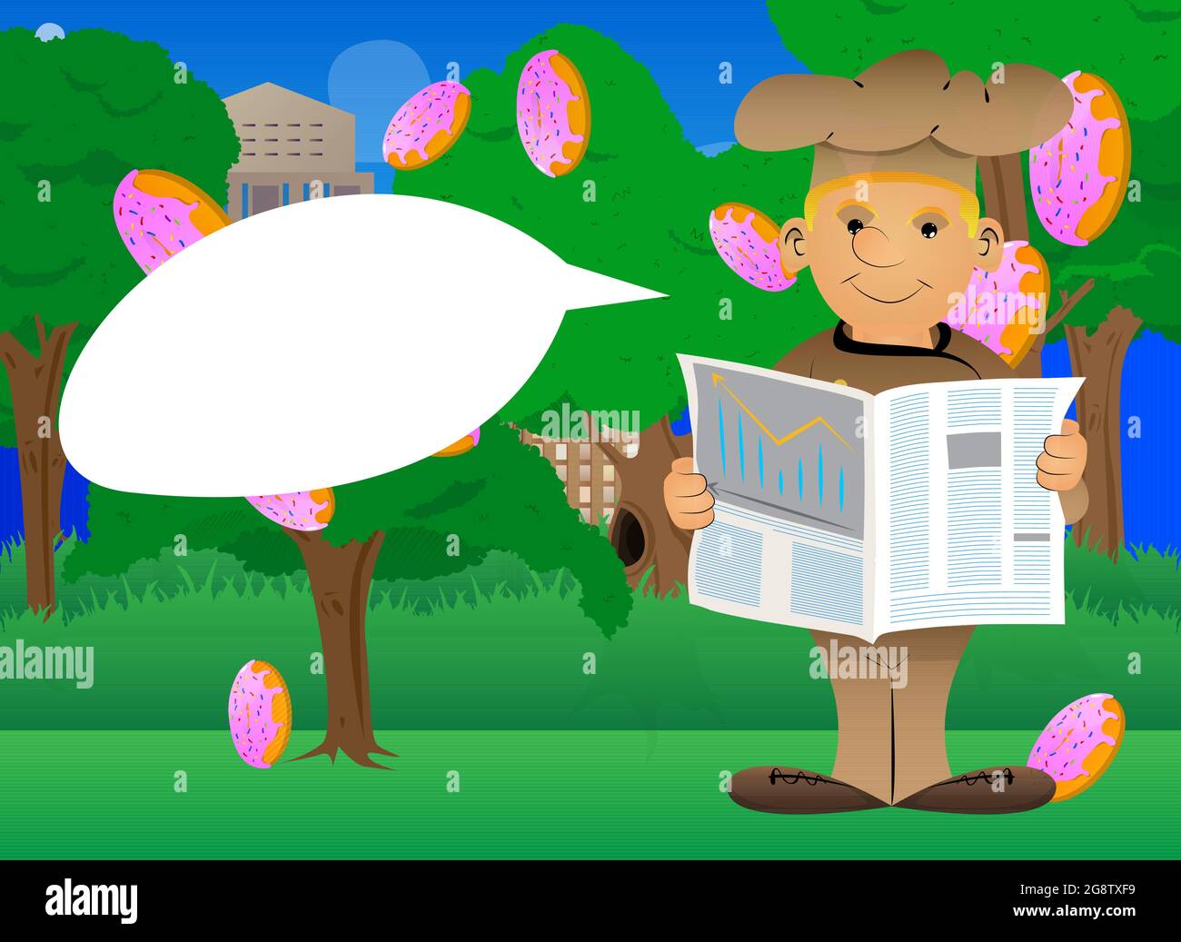 Fat male cartoon chef in uniform reading newspaper. Vector illustration ...