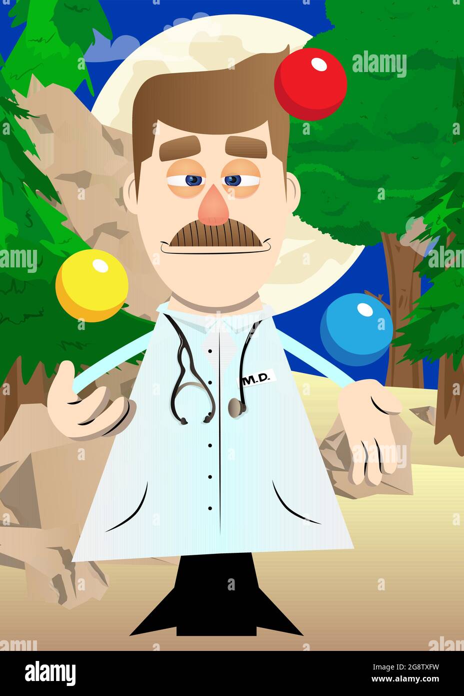 Funny cartoon doctor juggler. Vector illustration. Funny health care ...