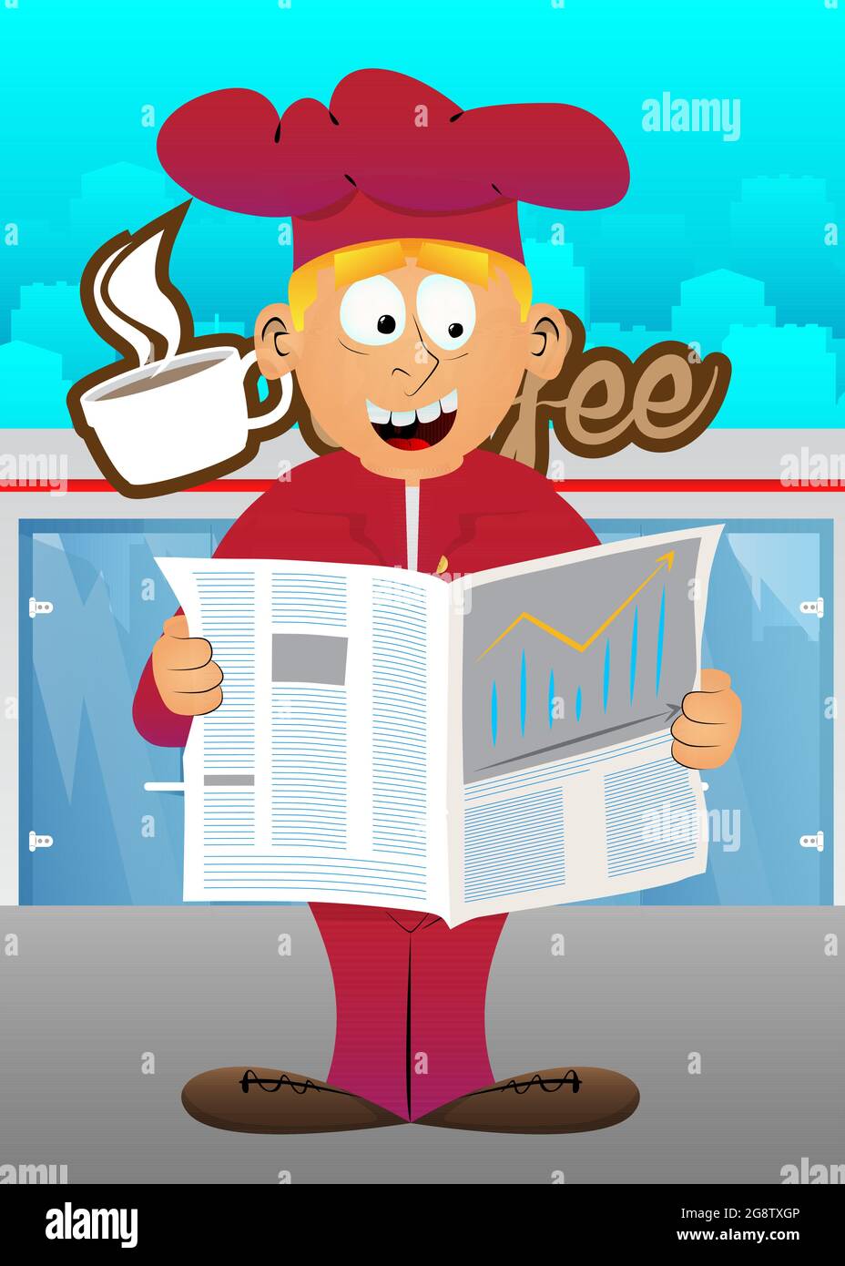 Fat male cartoon chef in uniform reading newspaper. Vector illustration ...
