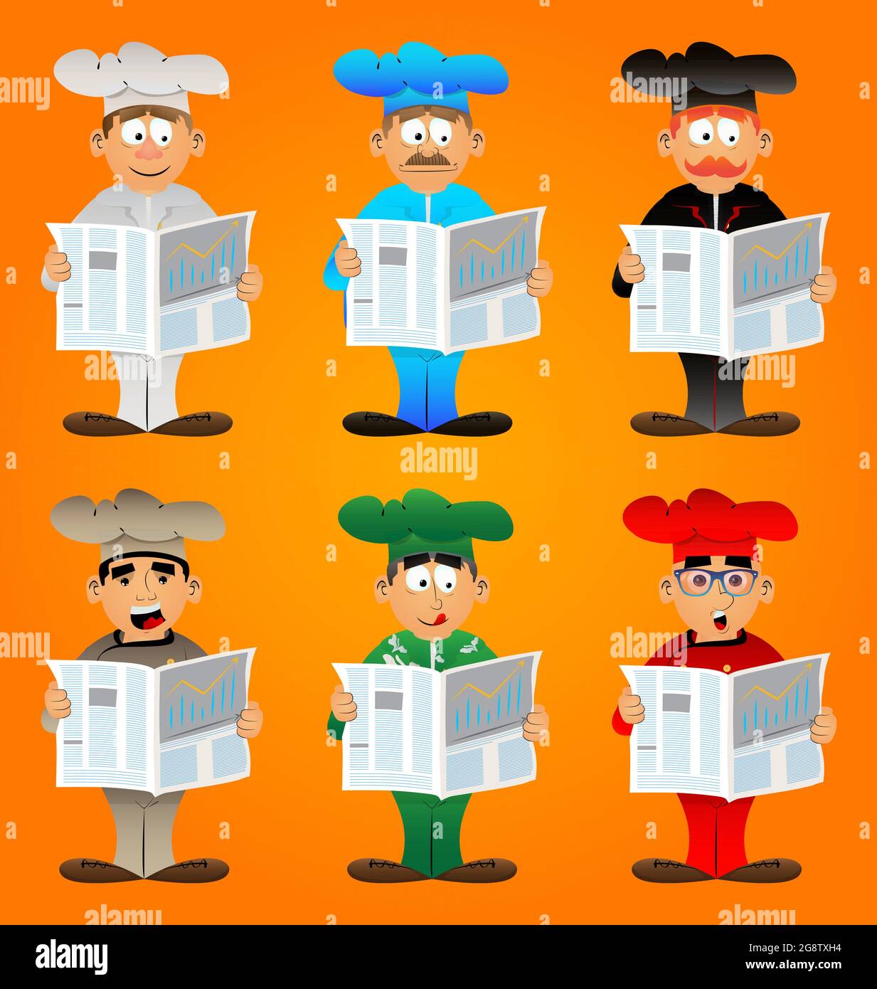 Fat male cartoon chef in uniform reading newspaper. Vector illustration ...