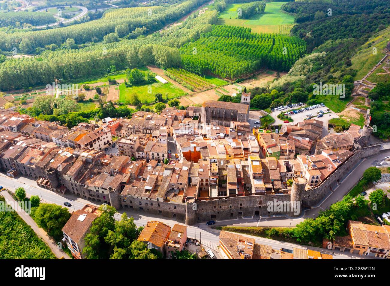 Aerial view of medieval walled village of Hostalric, Spain Stock Photo ...