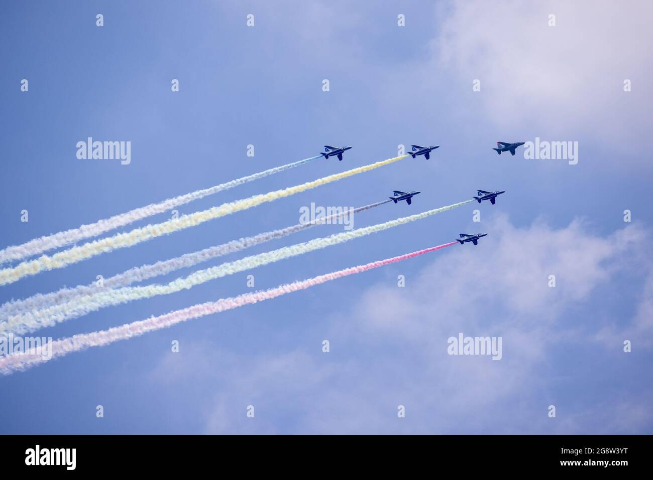 Tokyo, Japan. 23rd July, 2021. Japan Air Force Blue Impulse flyover ...