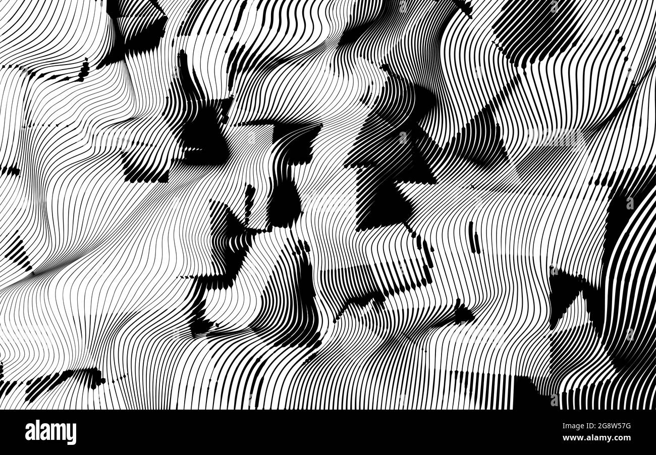 Abstract woodcut styled background with waves of lines revealing cube ...
