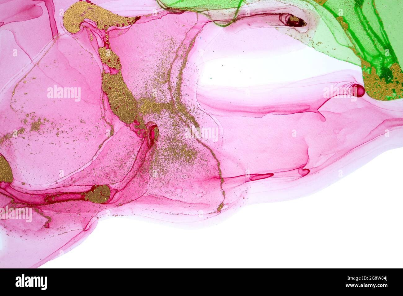 Green and pink transparent watercolor ink stains with gold glitter ...