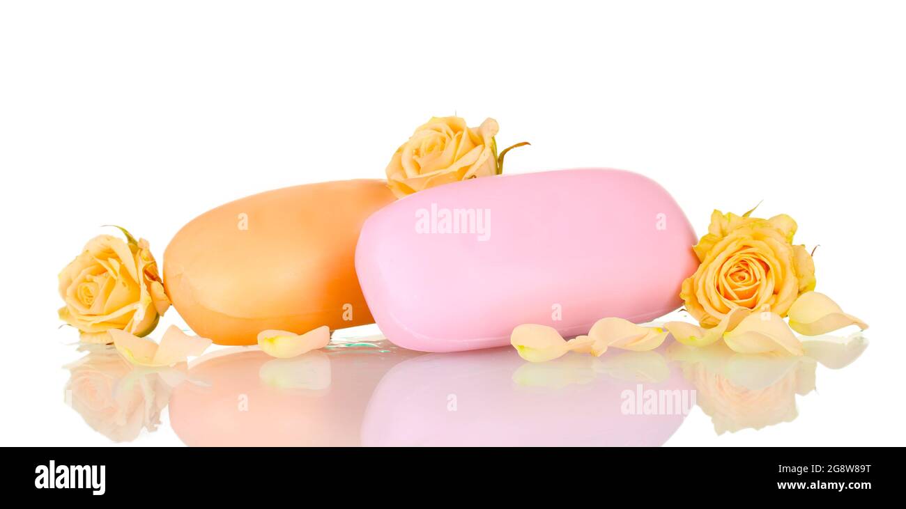 Two soap with roses on white background Stock Photo - Alamy
