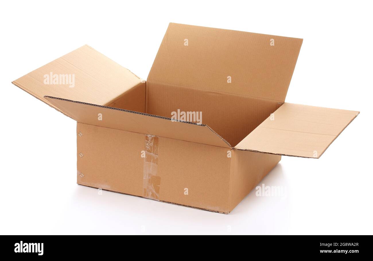 open cardboard box isolated on white Stock Photo - Alamy
