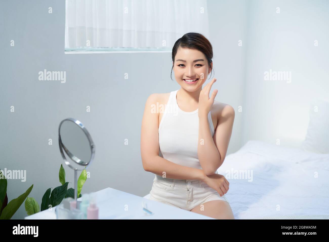 Beautiful Skin care woman enjoy and relax isolated on white background ...