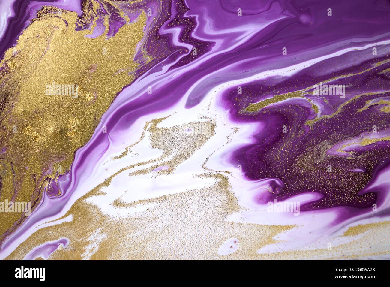 Marble purple acrylic texture with gold glitter. Close up liquid ink ...