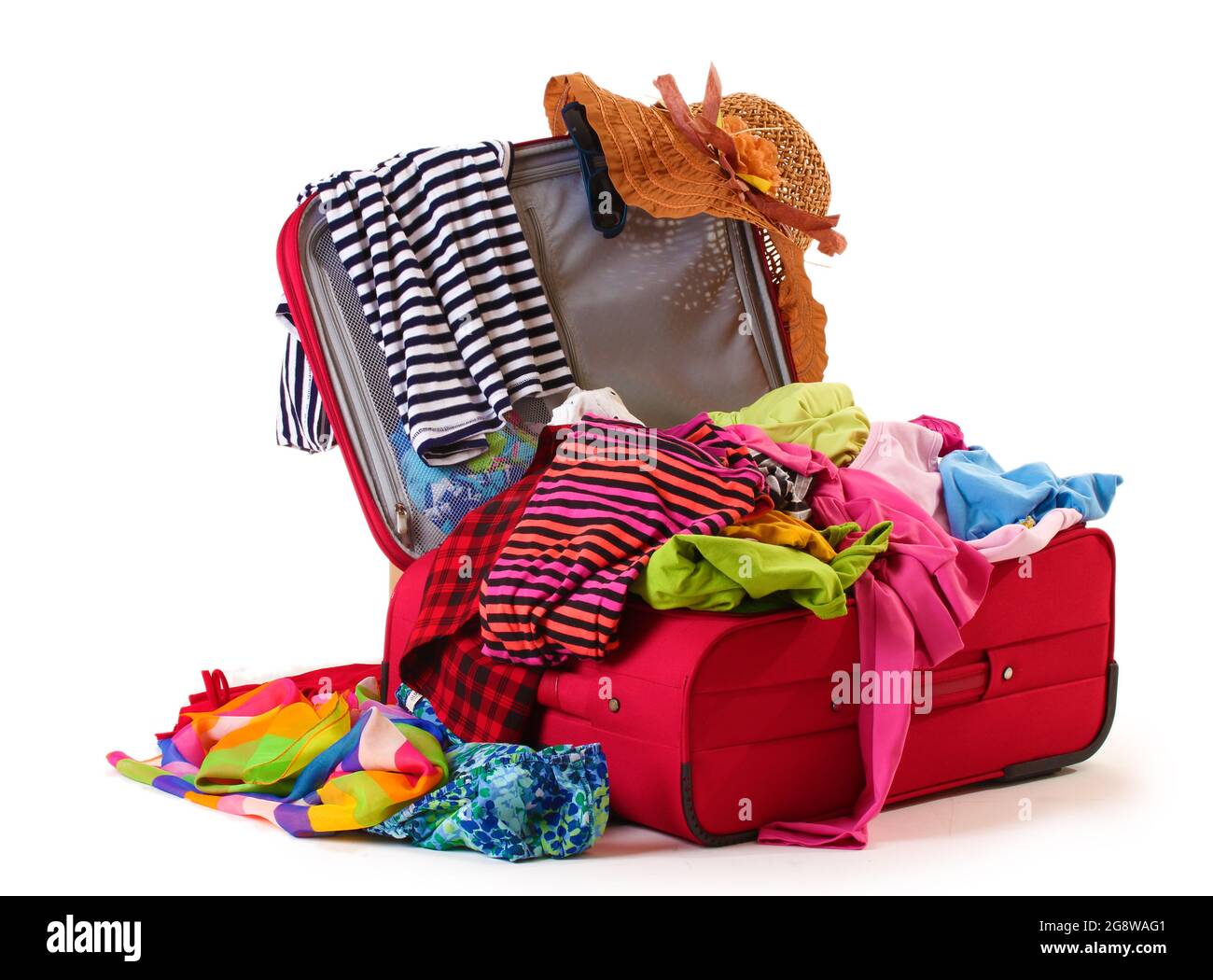 Open red suitcase with clothing isolated on a white Stock Photo - Alamy