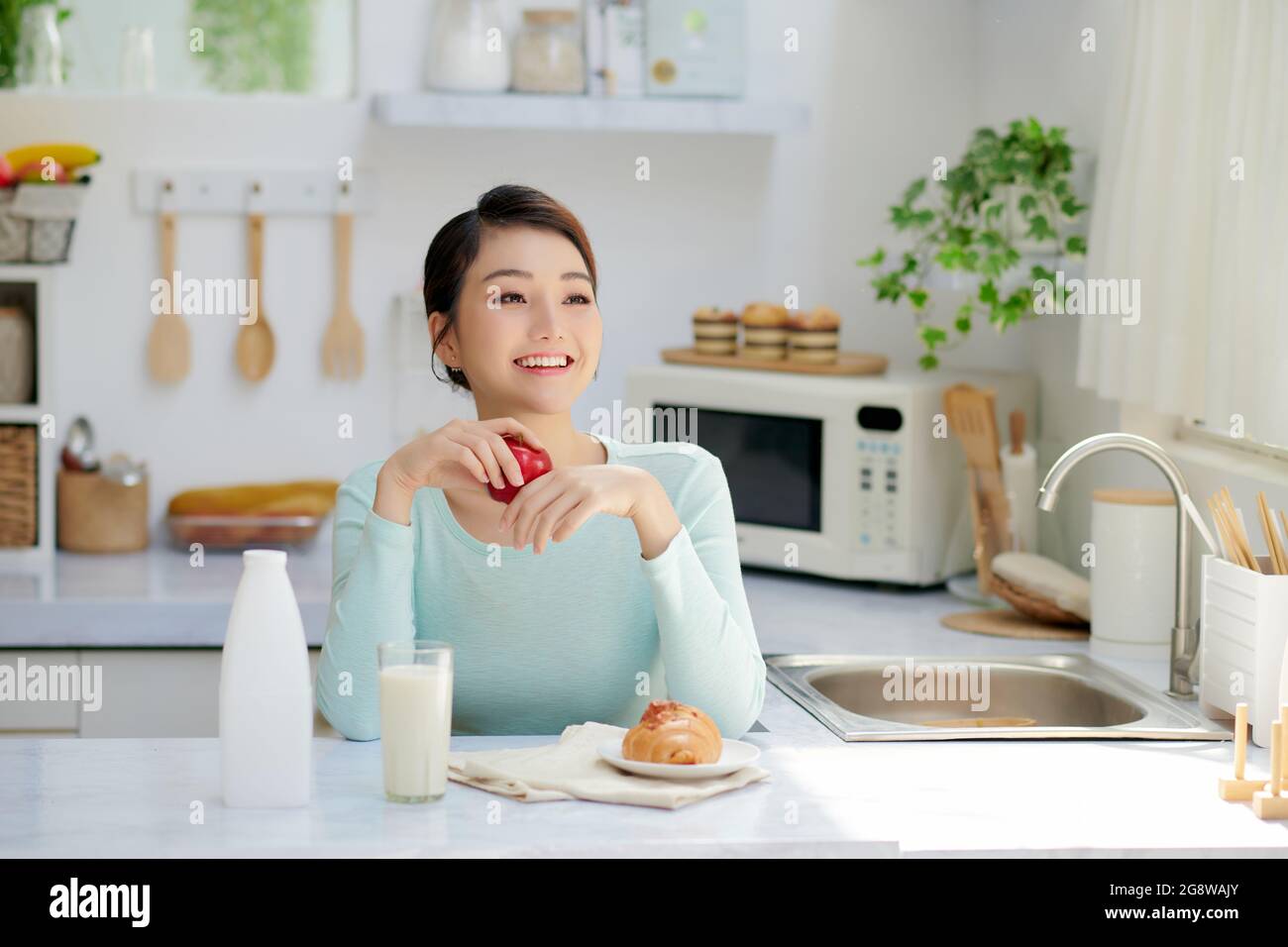 Diet. Dieting concept. Healthy Food. Beautiful Young Woman choosing ...