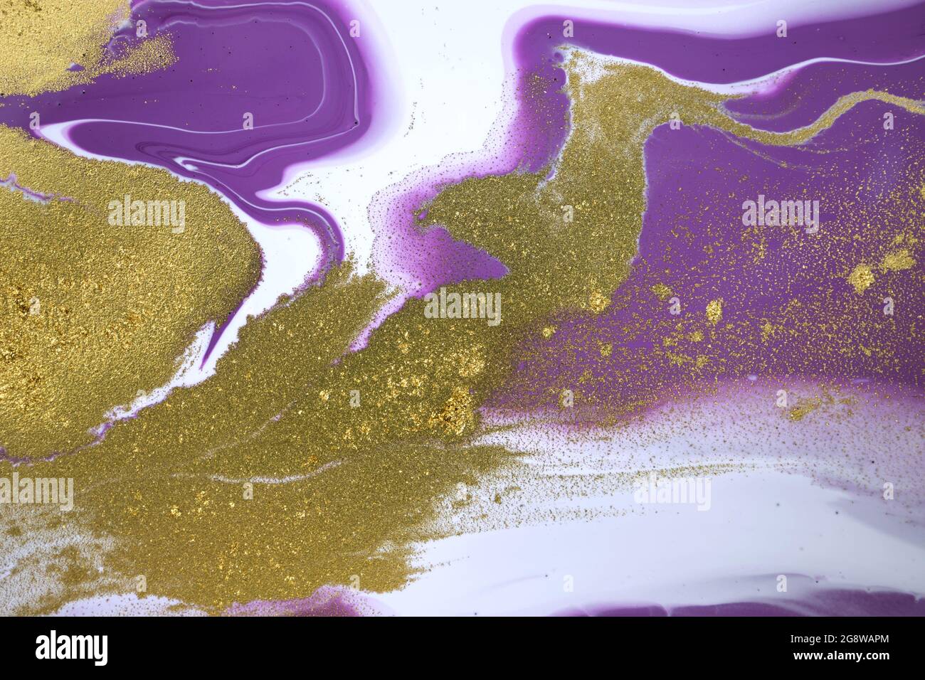Marble purple acrylic texture with gold glitter. Close up liquid ink ...