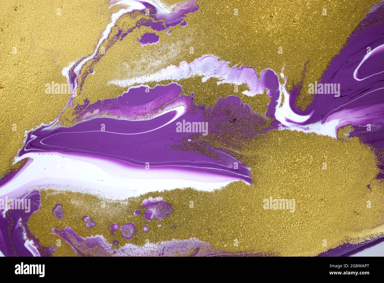 Marble purple acrylic texture with gold glitter. Close up liquid ink ...