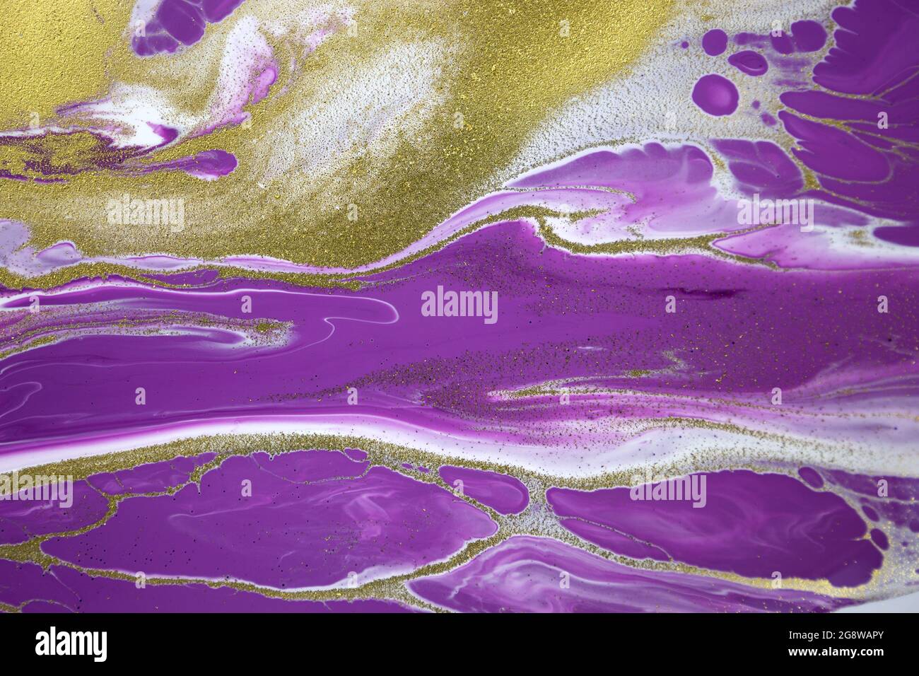 Marble purple acrylic texture with gold glitter. Close up liquid ink ...