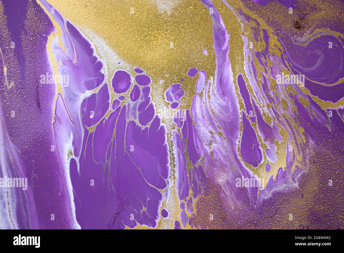 Marble purple acrylic texture with gold glitter. Close up liquid ink ...
