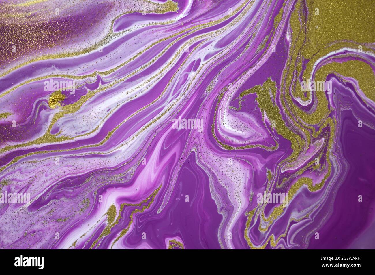 Marble purple acrylic texture with gold glitter. Close up liquid ink ...