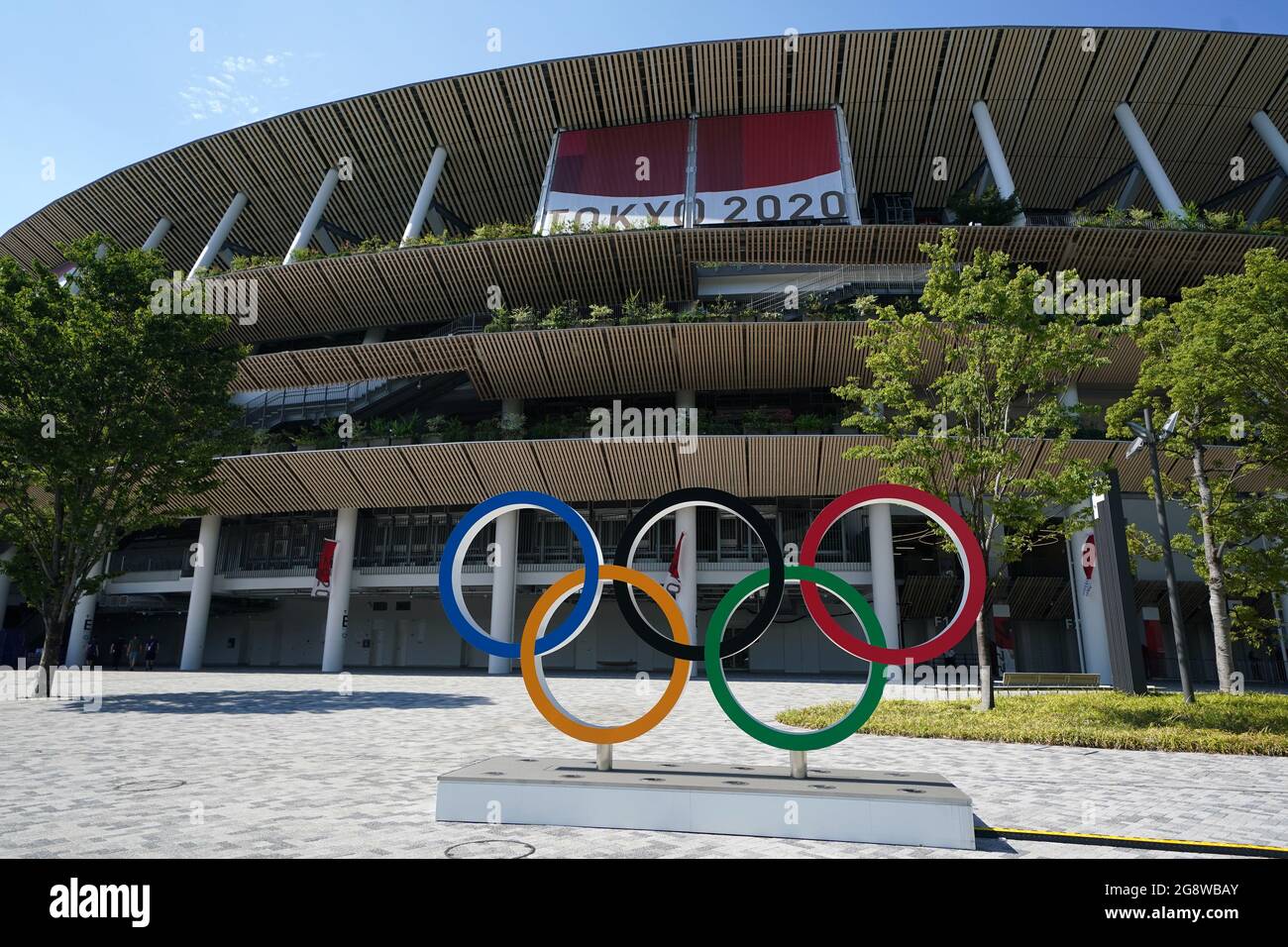 A view of the Olympic rings outside the stadium ahead of the opening ...
