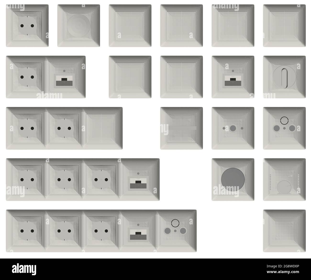 Set With Electrical Sockets Light Switches Power Outlets Isolated On A White Background 3d