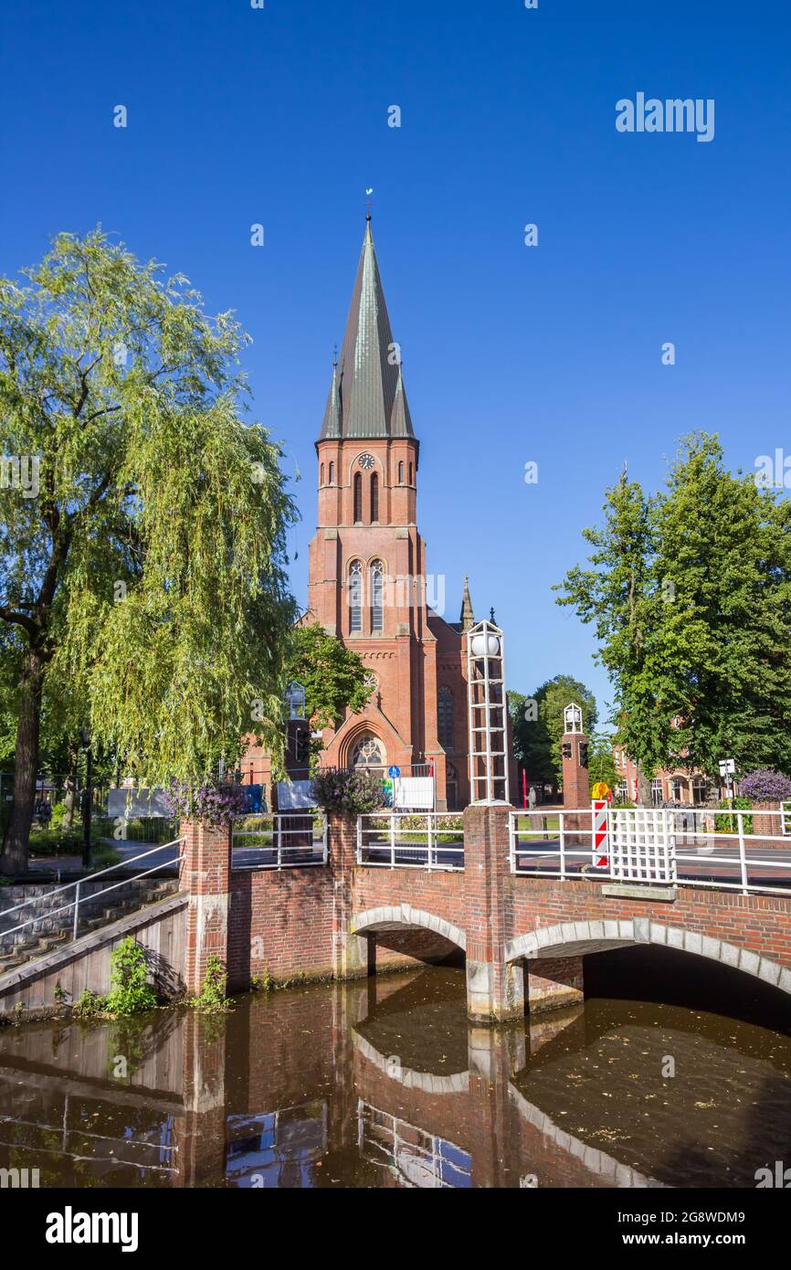 Historic Antonius church at the canal in Papenburg, Germany Stock Photo ...