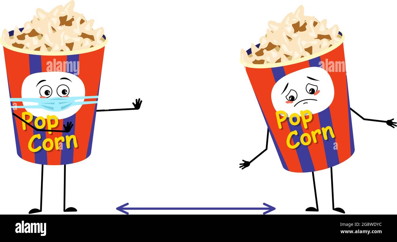 Cute popcorn character in a holiday box with sad emotions, face and ...