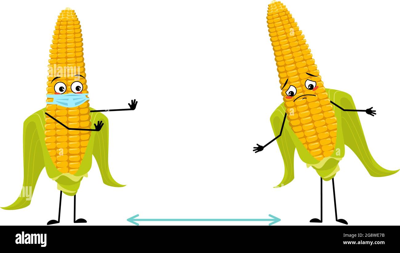 Cute corn cob character with emotions, face and mask keep distance ...
