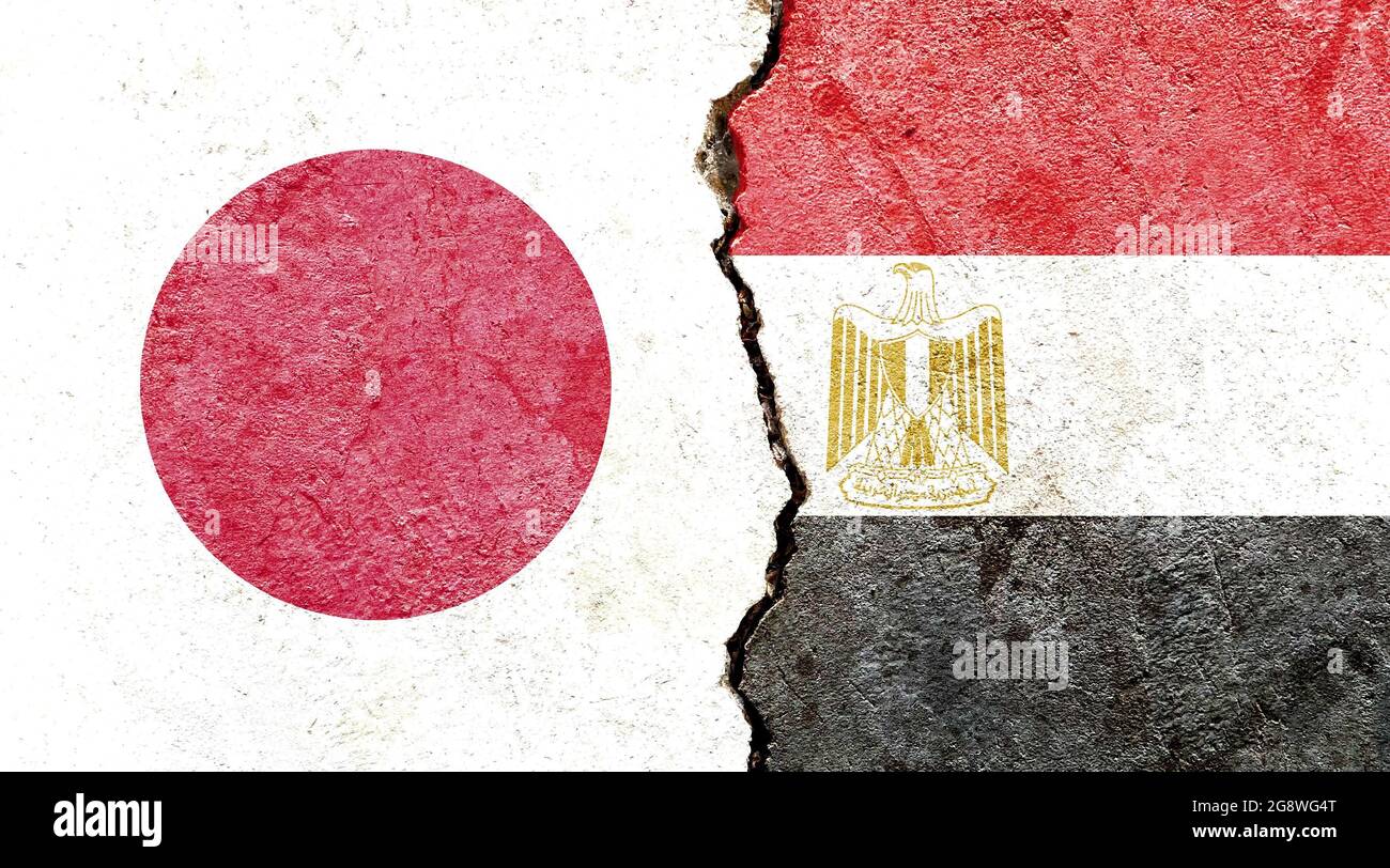 Flags of Egypt and Japan painted on the cracked wall Stock Photo - Alamy
