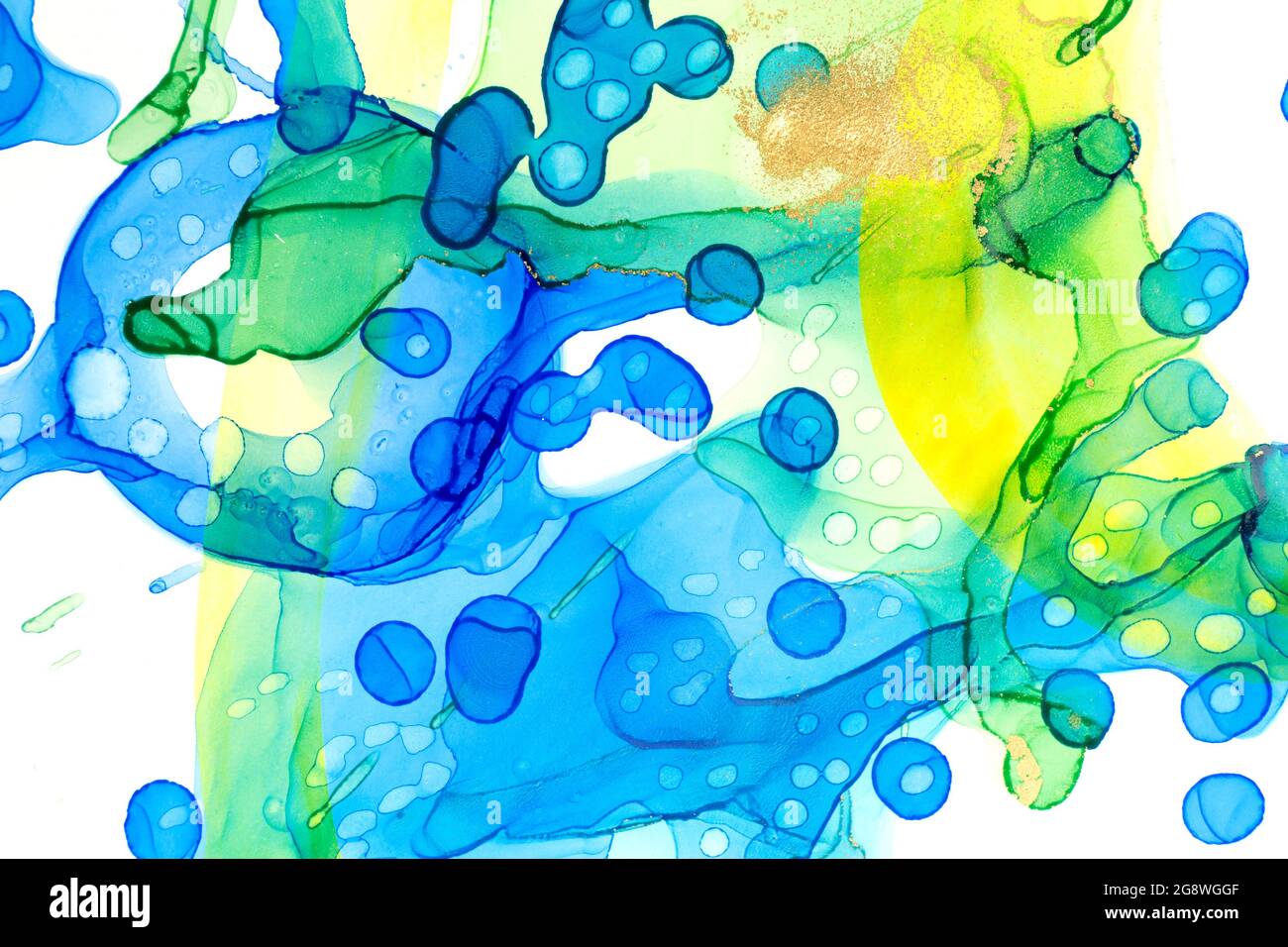 Abstract ink blue and green watercolor ink spots background. Alcohol ...
