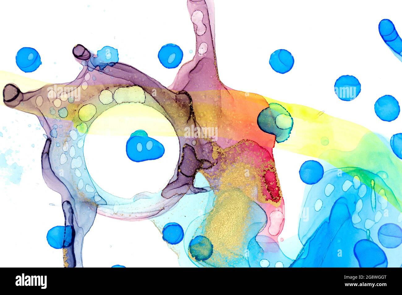 Abstract ink blue, yellow and red watercolor ink spots background ...