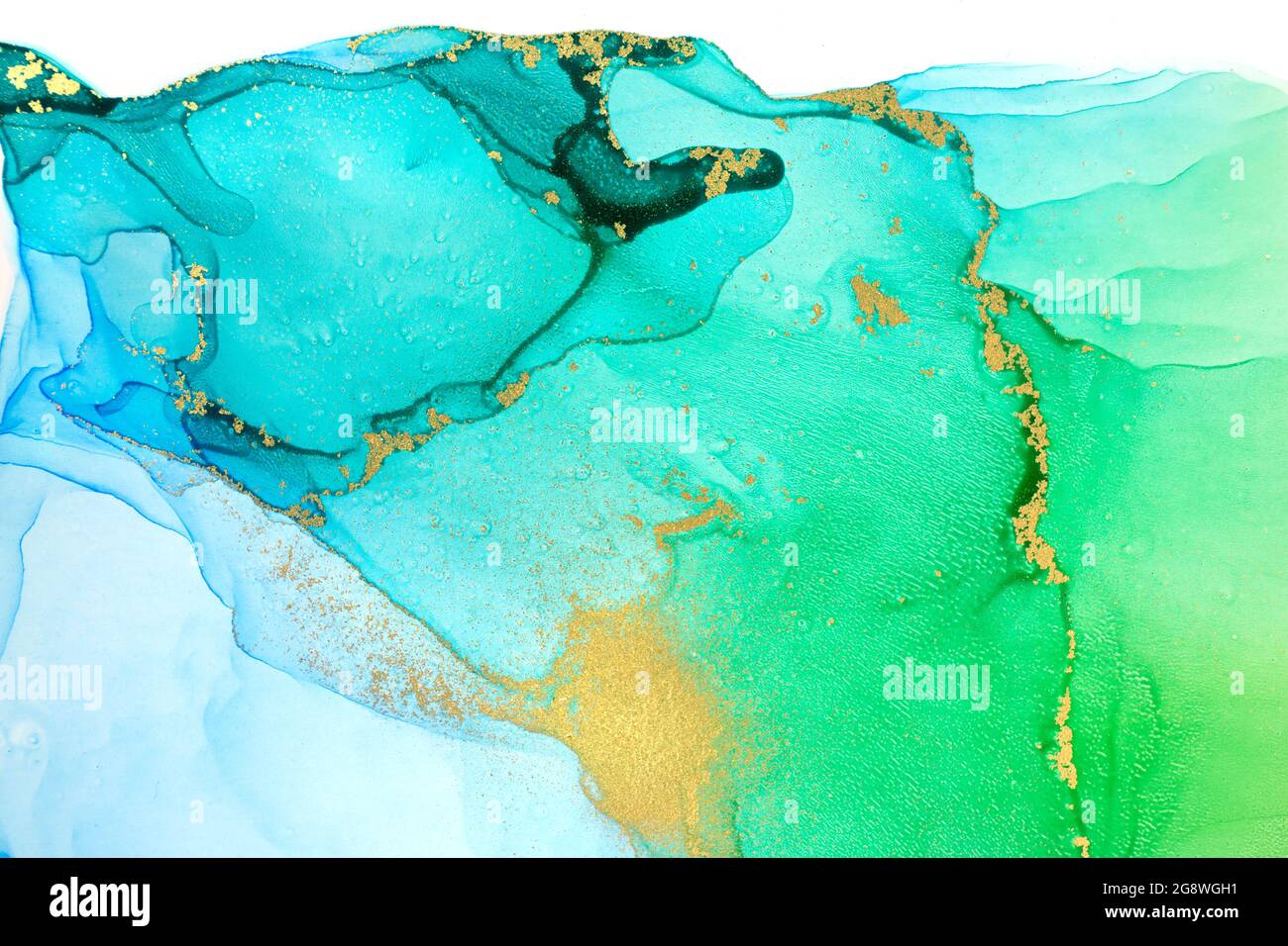 Watercolor green, blue and gold abstract stains background. Ink ...