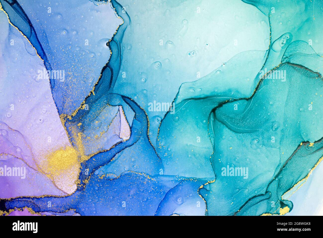 Watercolor green, blue and gold abstract stains background. Ink ...