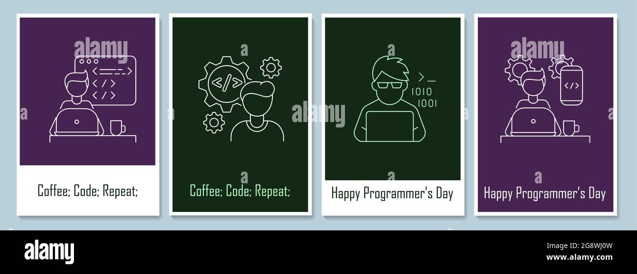 World programmer day postcards with linear glyph icon set. Greeting ...