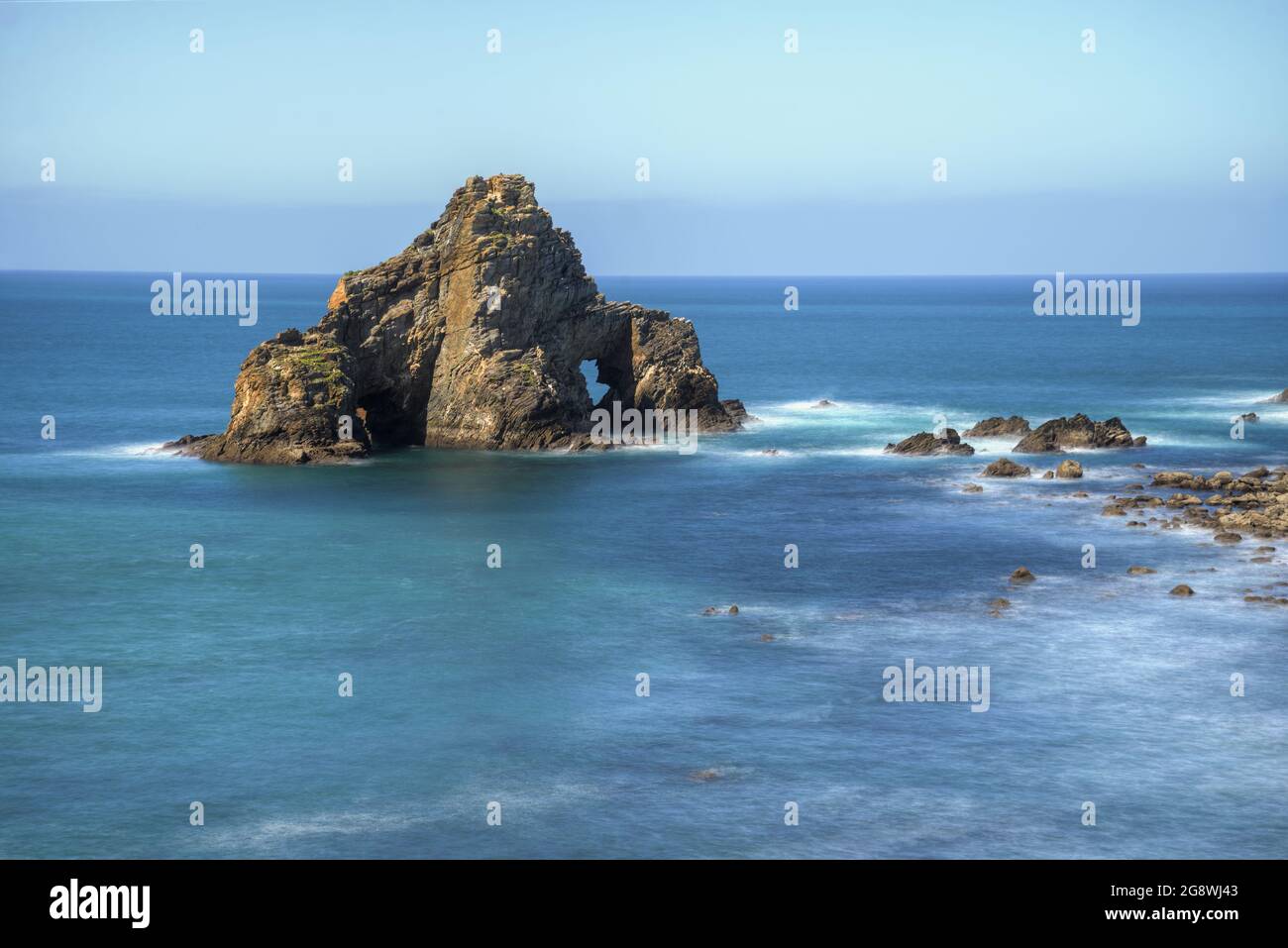 Marine rocky cliff with two arches in Penafurada Espasante Galicia ...
