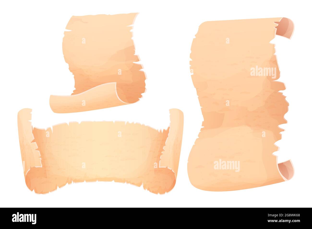 Set parchment, scroll papyrus, antique paper blank in cartoon style isolated on white background ...