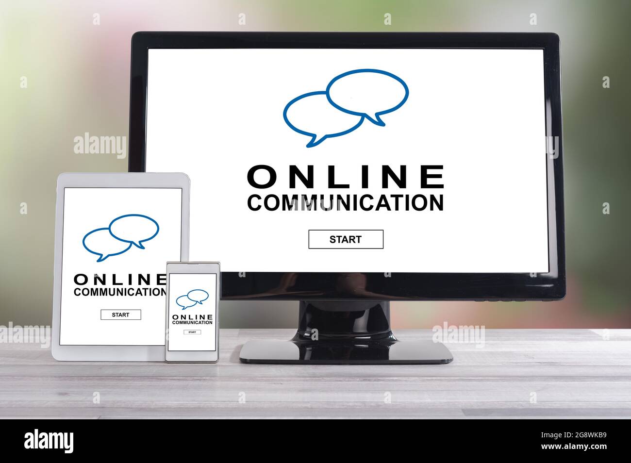 Online communication concept shown on different information technology ...