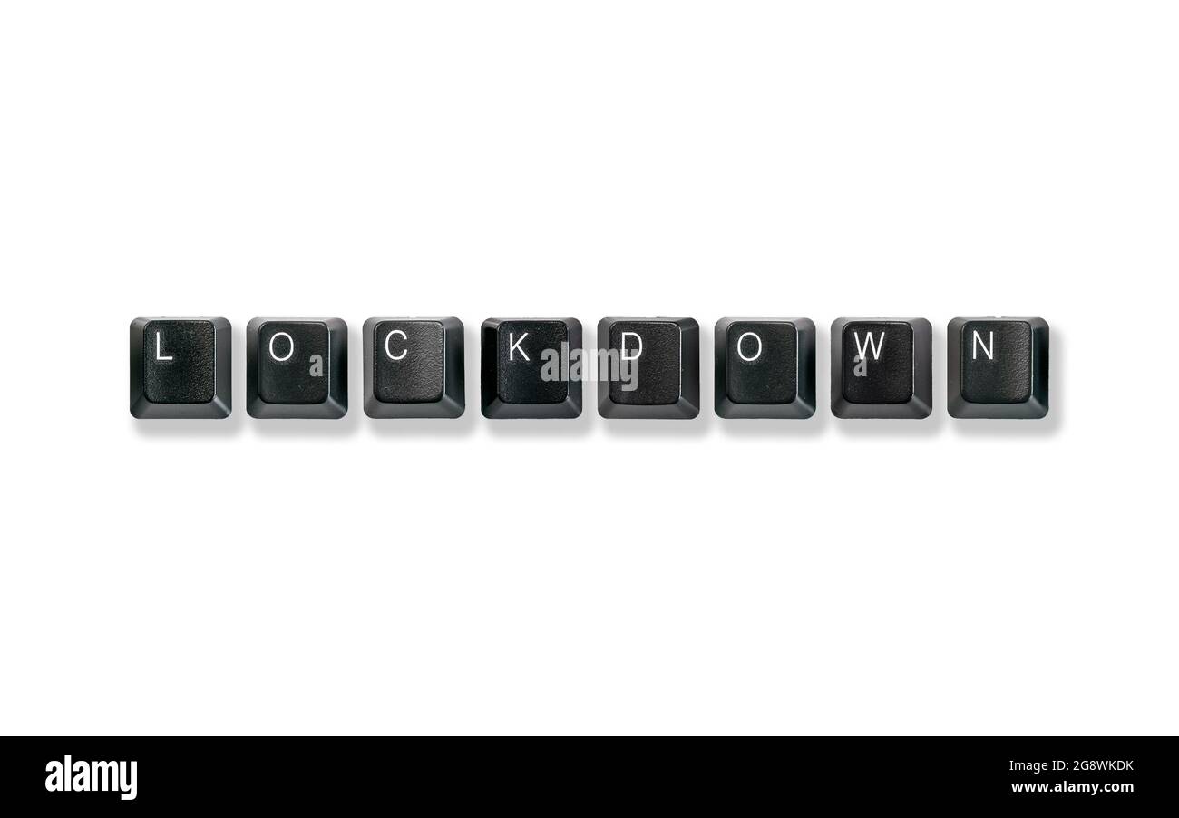 Computer keyboard keys spelling Lockdown, isolated on white background ...