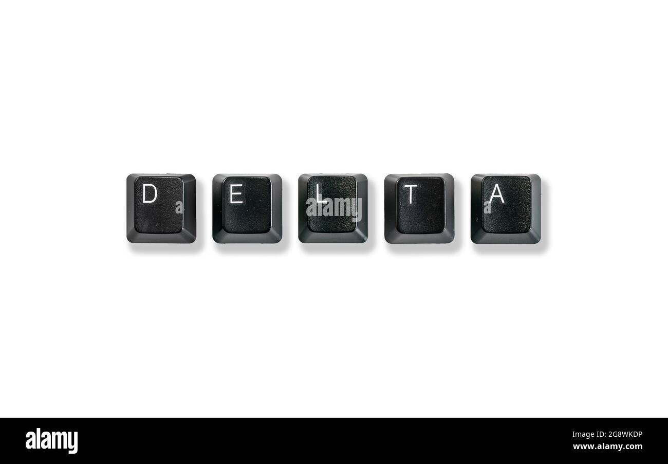 Computer keyboard keys spelling Delta, isolated on white background ...