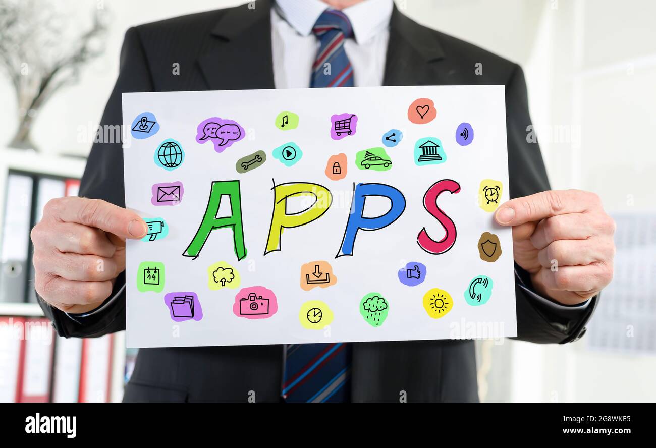 Paper showing apps concept held by a businessman Stock Photo - Alamy