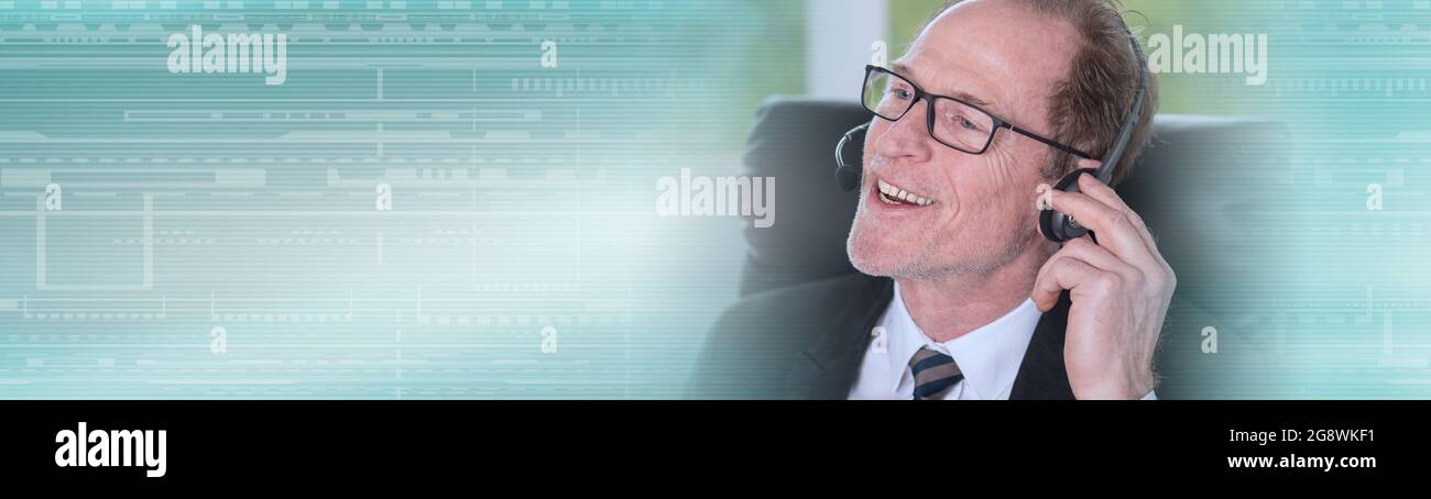 Call center banner operator with headset talking hi-res stock ...