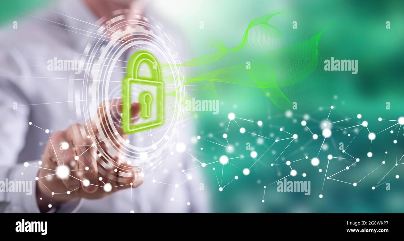 Man touching a digital security concept on a touch screen with his ...