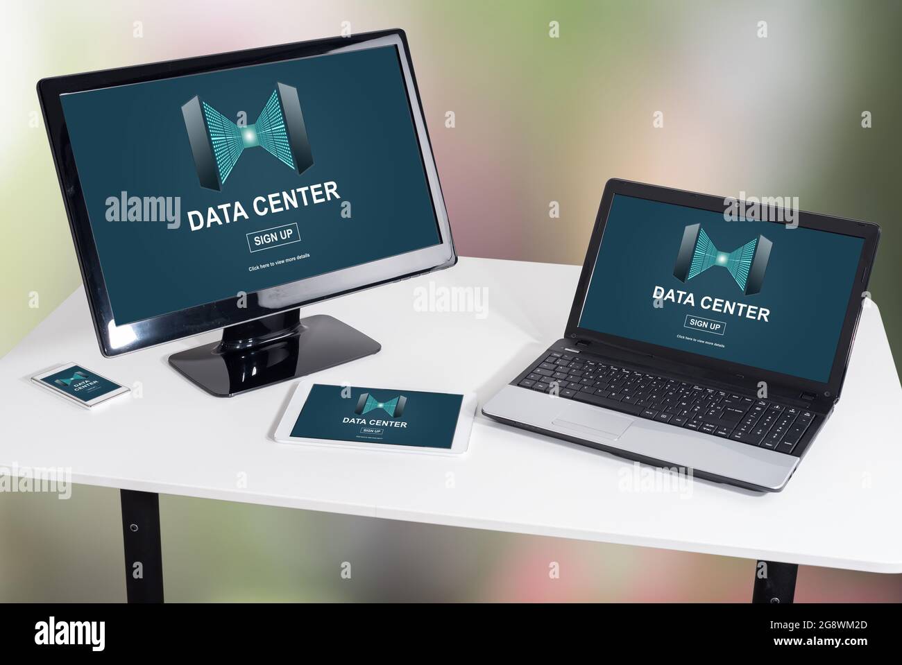 Data center concept shown on different information technology devices ...