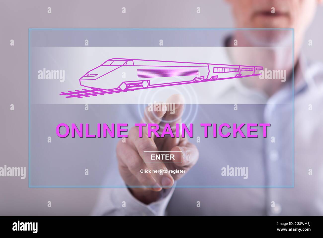 Man touching an online train ticket concept on a touch screen with his ...