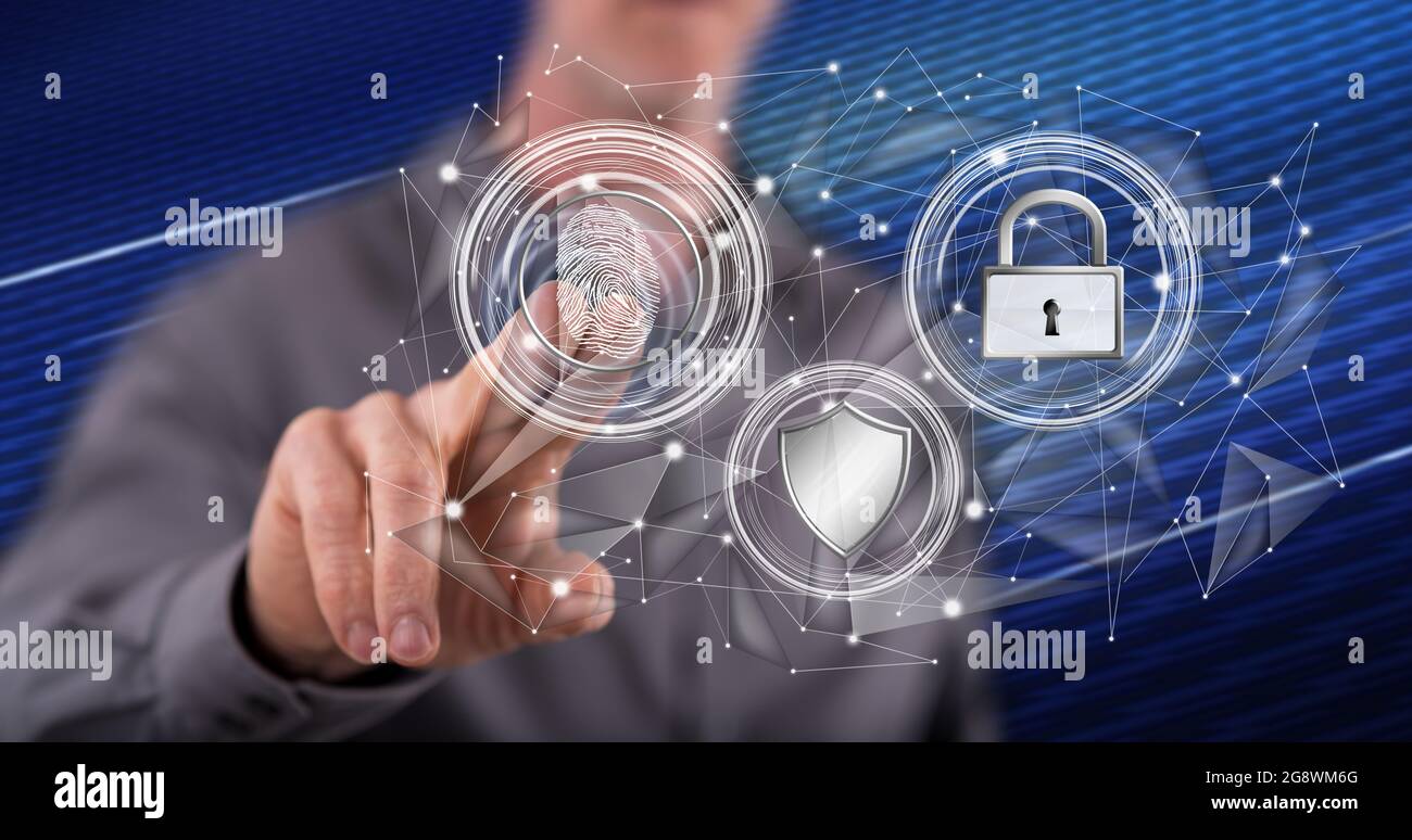 Man touching a data security concept on a touch screen with his finger ...