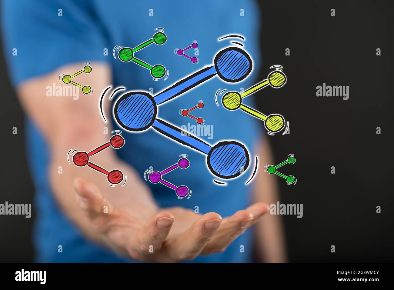 Share concept above the hand of a man in background Stock Photo - Alamy