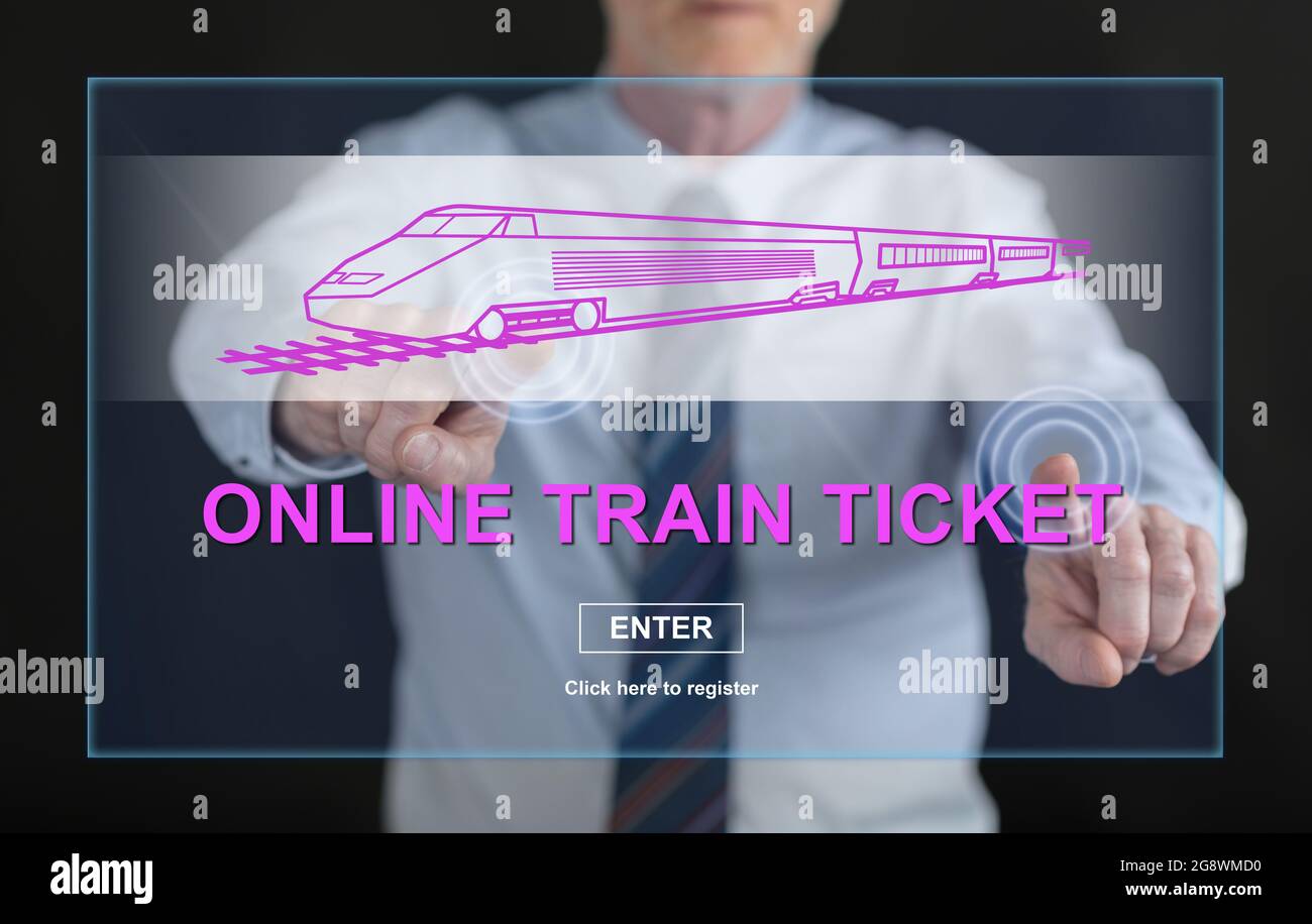 Man touching an online train ticket concept on a touch screen with his ...